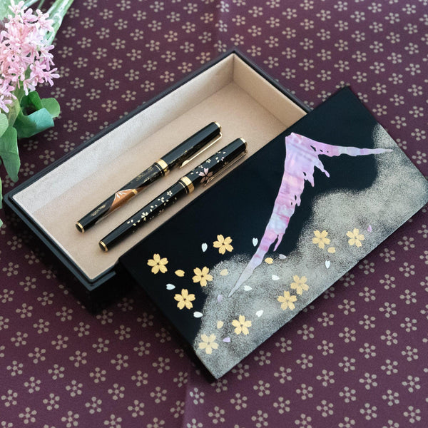 Raden and Gold Leaf Sakura Fuji Pen Box - Japanese Stationery Store