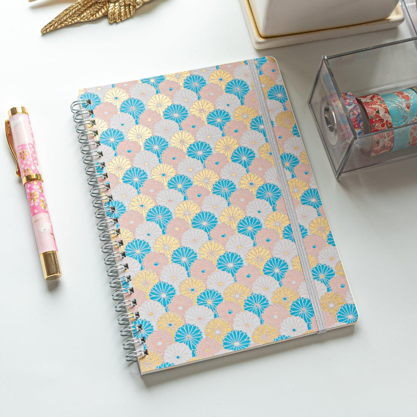 Sky Blossom Pastel Chrysanthemum Hand-Dyed Yuzen Washi Spiral Notebook ...